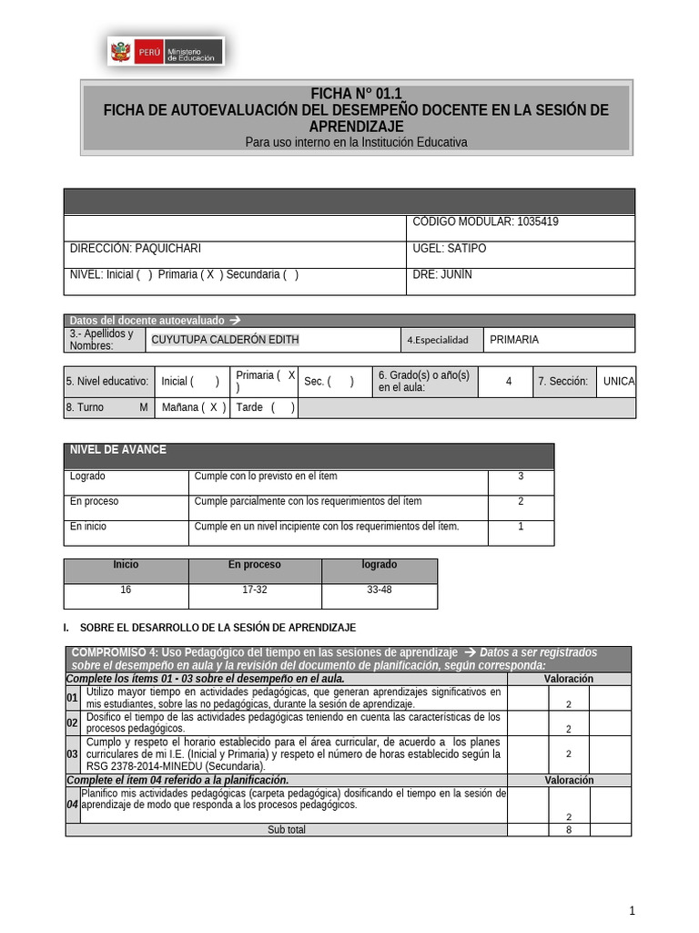 Ficha Autoevaluación Docente | PDF | Aprendizaje | Salón de clases