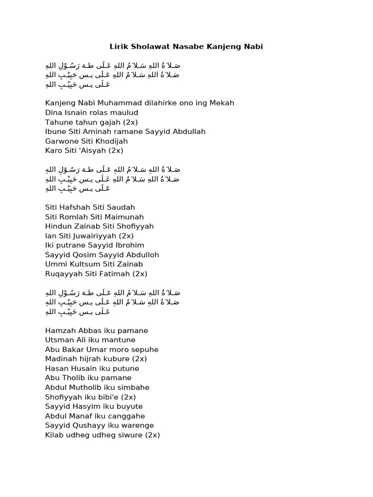 Lirik Sholawat Nasabe Kanjeng Nabi | PDF