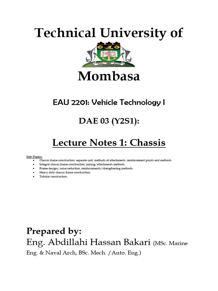 Vehicle Technology I Lecture Notes 1 Chassis | PDF | Axle | Automotive ...