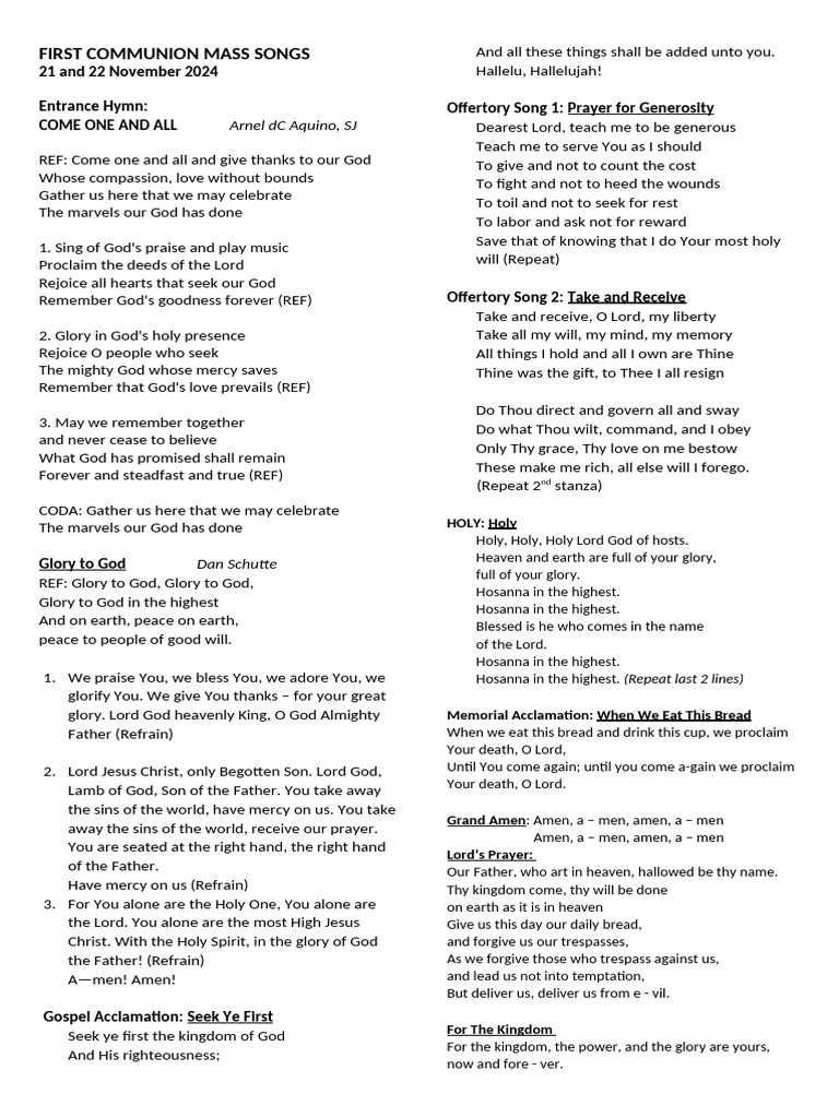 First Communion Mass Song List | PDF | Glory (Religion) | Lord's Prayer