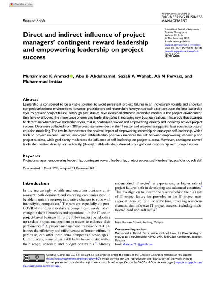 Direct and Indirect in Uence of Project Managers Contingent Reward Leadership and Empowering ...