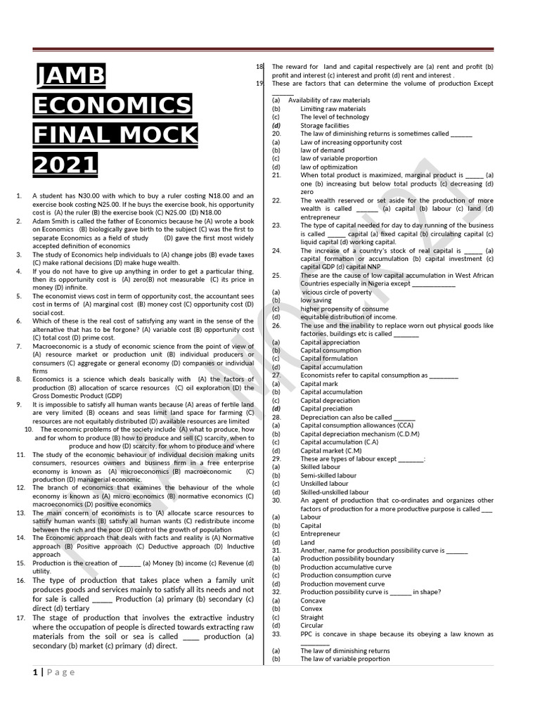 JAMB FINAL MOCK 2021 | PDF | Cost Of Living | Capital (Economics)
