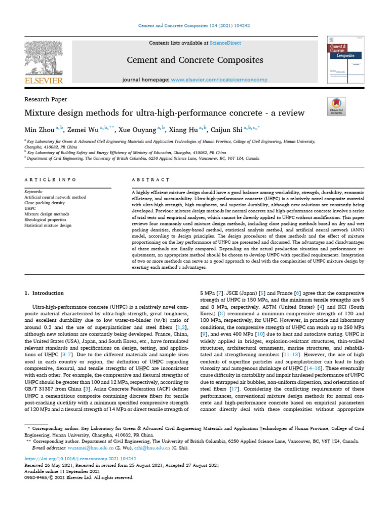 Zhou_Mixture design methods for ultra-high-performance concrete - a review _2021 | PDF ...