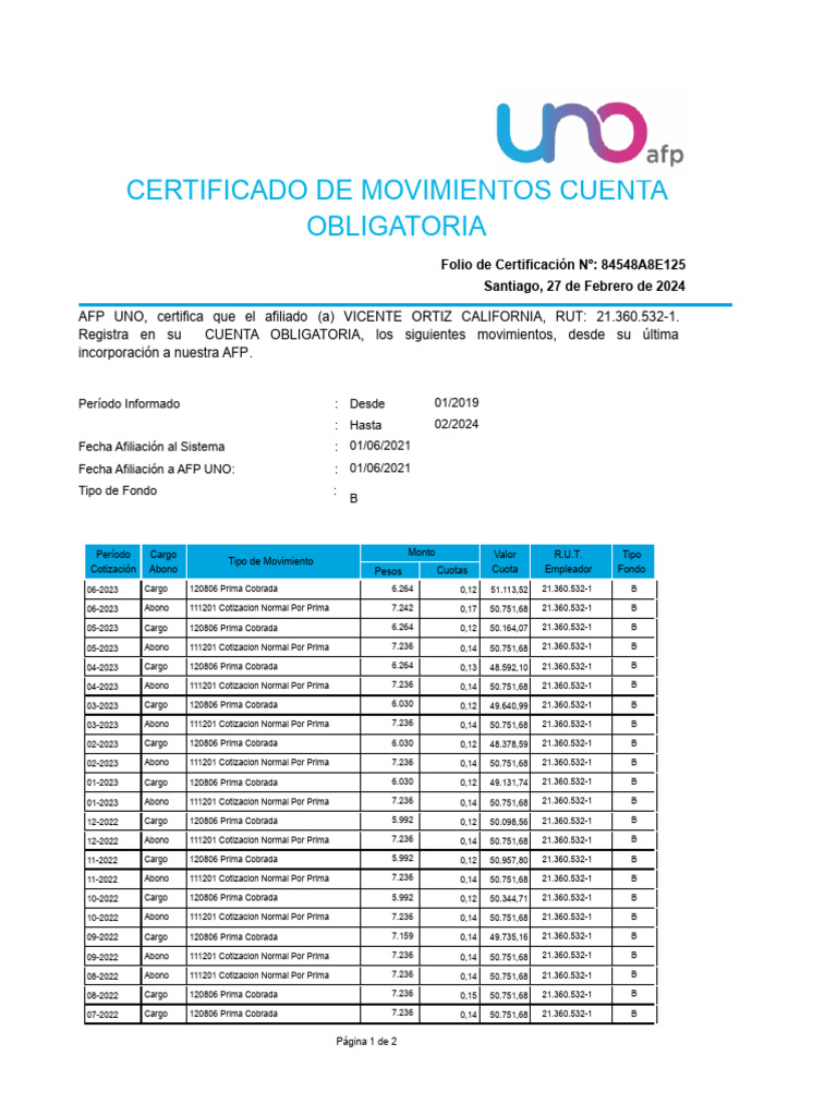 Certificado UNO | PDF | Pensión | Beneficios para empleados