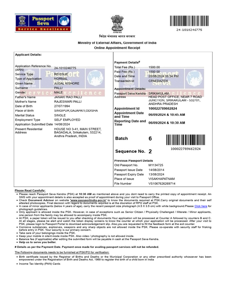 Appointment Receipt | PDF | Identity Document | Passport