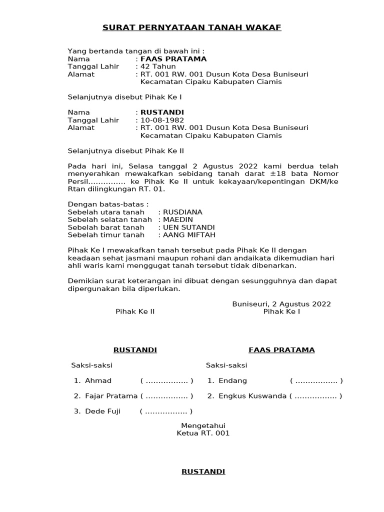 Surat Pernyataan Tanah Wakaf | PDF