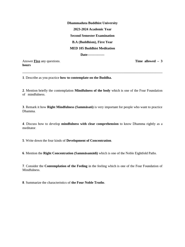 Dhammaduta Exam: Buddhist Meditation Topics | PDF | Science & Mathematics