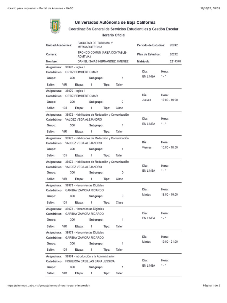 Horarios UABC 20242 para Alumnos | PDF