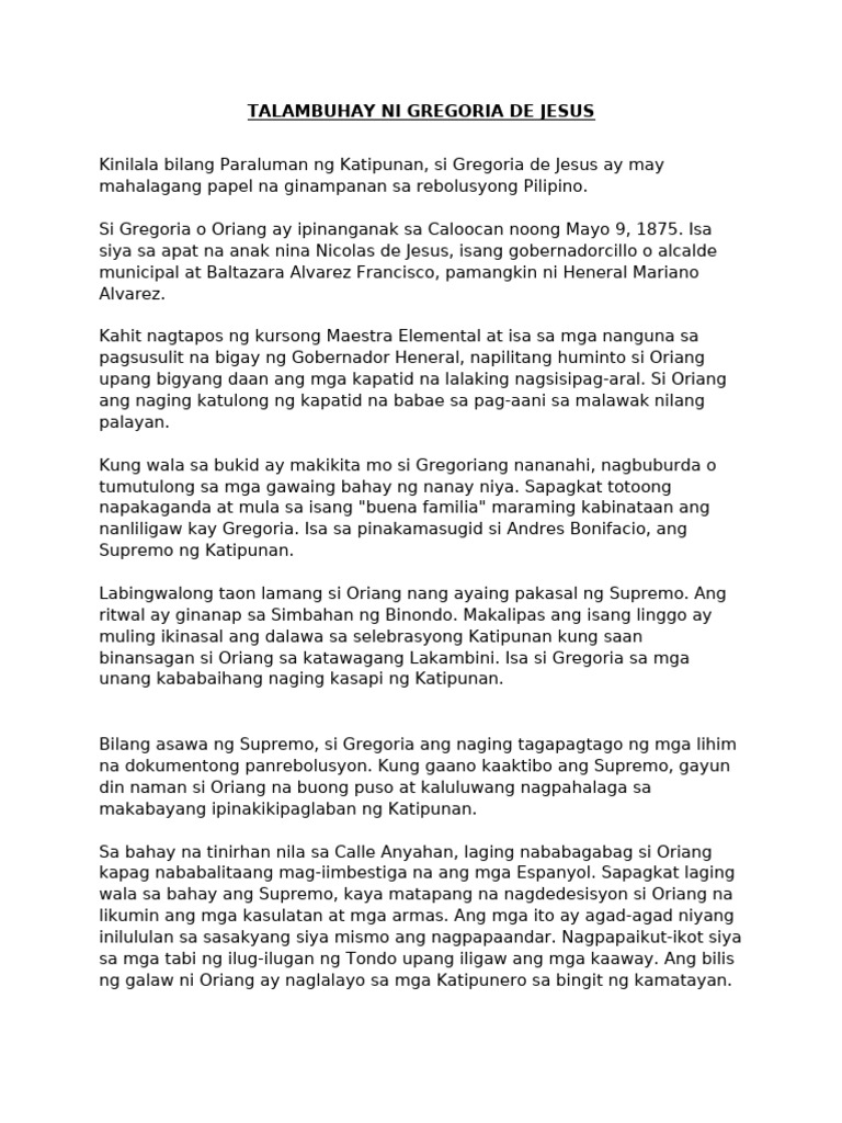 Talambuhay Ni Gregoria de Jesus | PDF