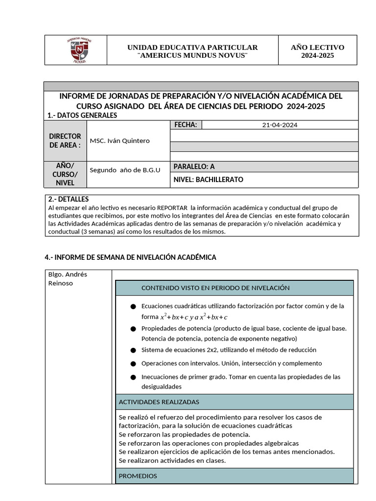 Informe de Semanas de Diagnóstico 2do Bgu - A - Química 2024-2025 | PDF | Ecuaciones | Factorización