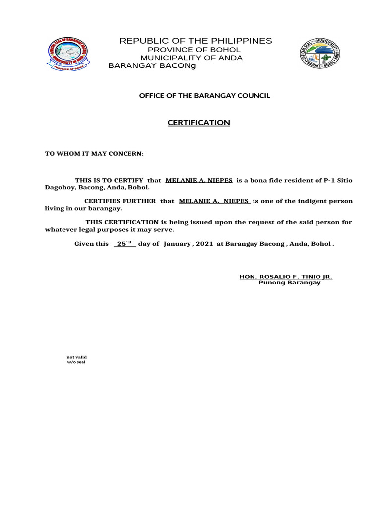 Certification of INDIGENCY FOR DSWD REQUIREMENTS | PDF