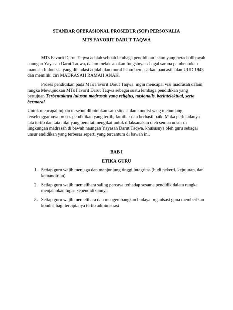 Standar Operasional Prosedur (Sop) Personalia Mts Favorit Darut Taqwa ...