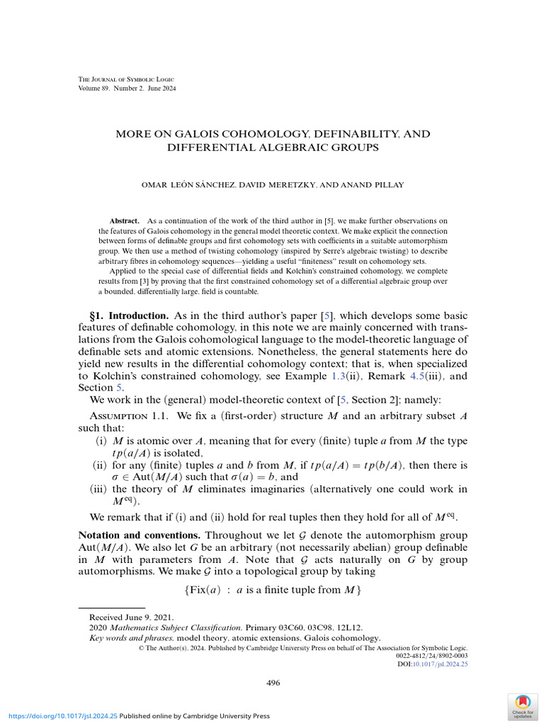 More On Galois Cohomology Definability and Differential Algebraic Groups | PDF | Group ...