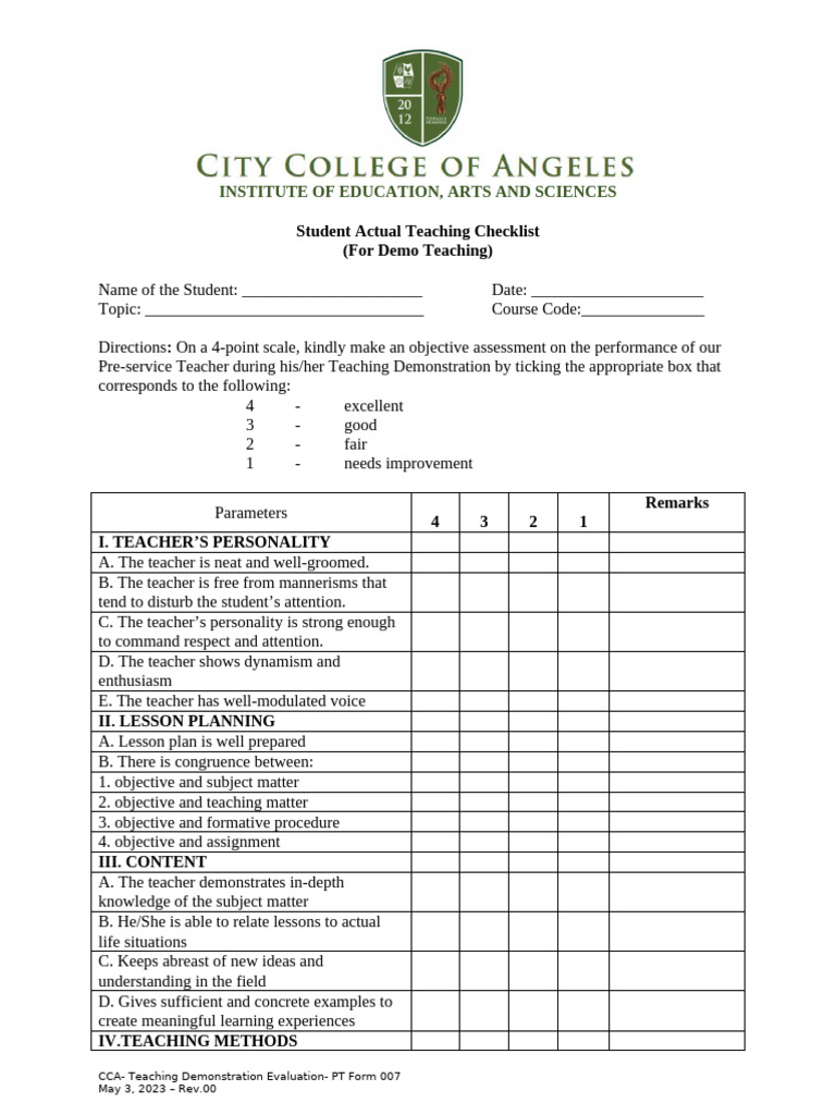 Teaching Demonstration Evaluation Checklist | PDF | Teachers | Learning