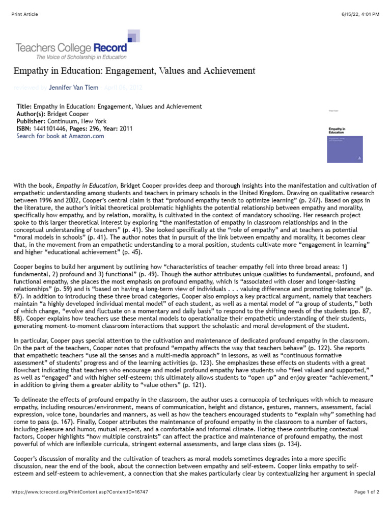 Empathy In Education Engagement Values And Achievement Pdf