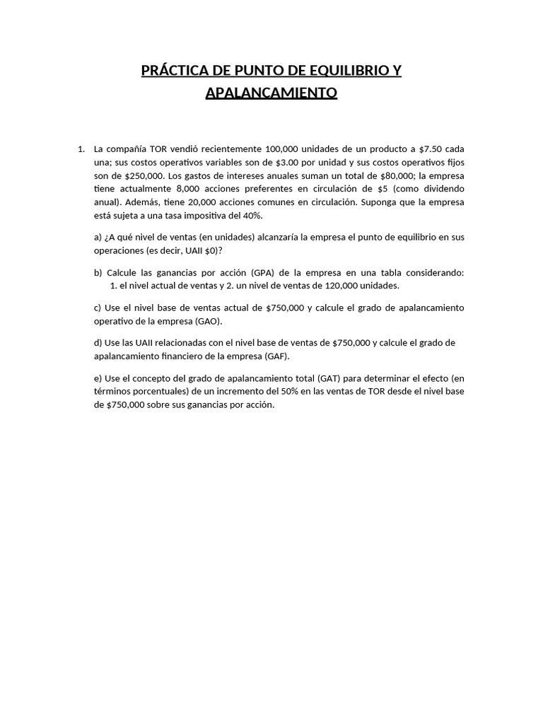 Análisis de Equilibrio y Apalancamiento TOR | PDF