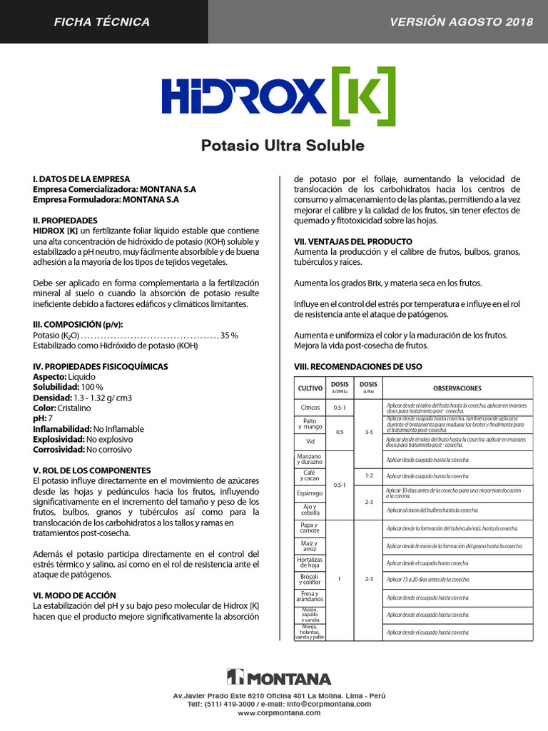 Ficha Tecnica Hidrox K | PDF | Solubilidad | Potasio