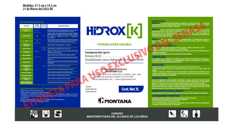 Etiqueta Hidrox-K 1l Editable | PDF | Cosecha | Agua