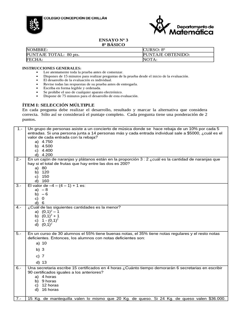 Evaluación sobre plano espacial 8º básico | PDF | Geometría euclidiana ...