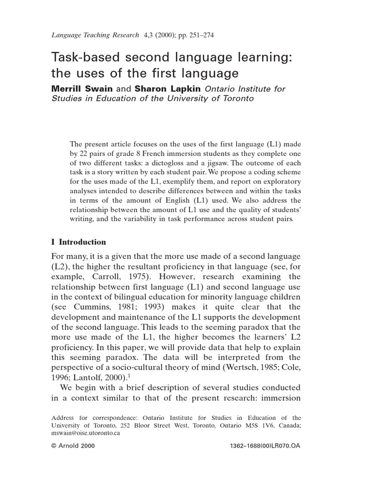 Swain, M., & Lapkin, S. (2000) - Taskbased Second Language Learning The ...
