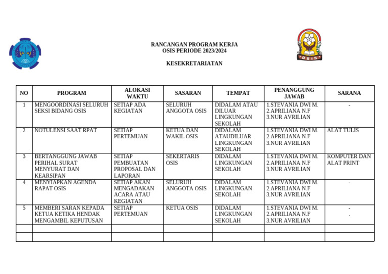 Rancangan Program Kerja Osis Sekertaris | PDF