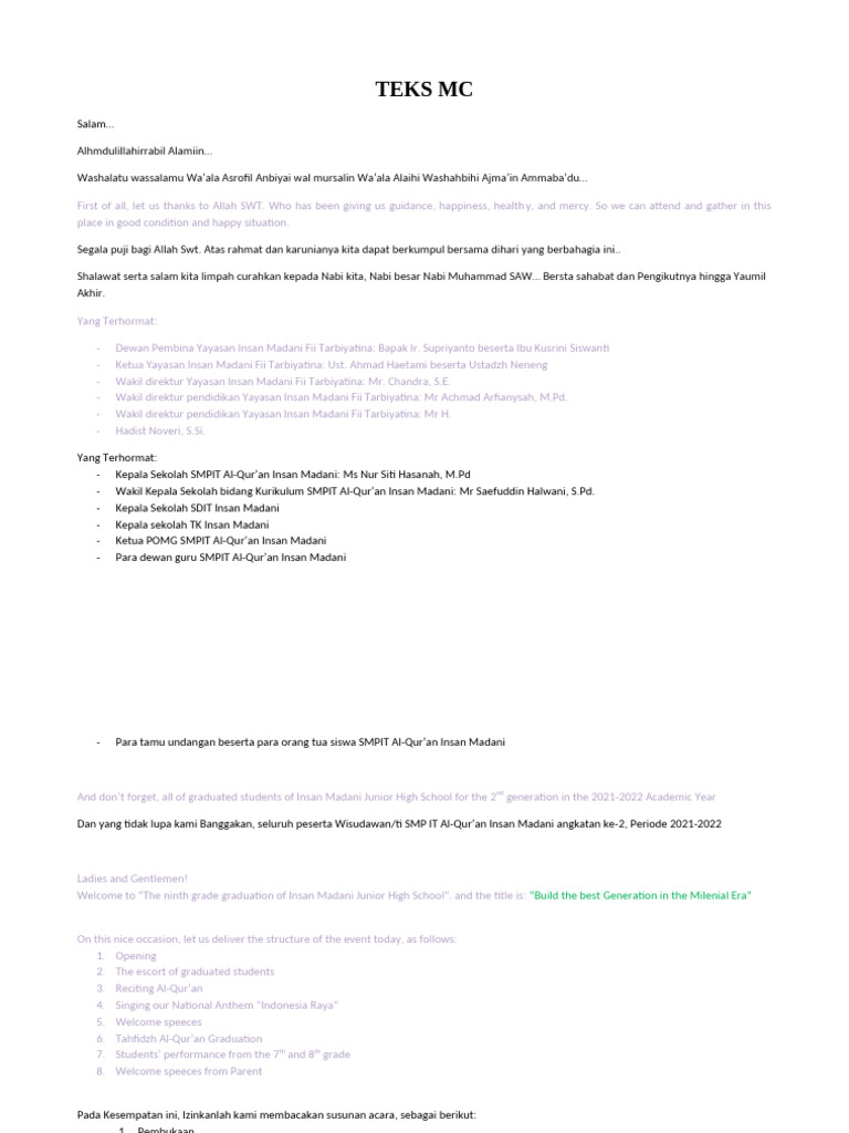Teks MC Graduation Fix 2021-2022 | PDF | Kajian Bahasa Asing | Agama ...