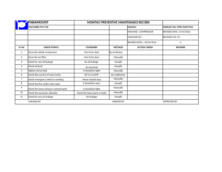 Compressor PM Check Sheet | PDF