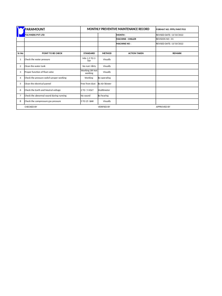 chiller PM CHECKSHEET | PDF