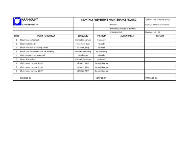 COOLING TOWER PM CHECK SHEET | PDF