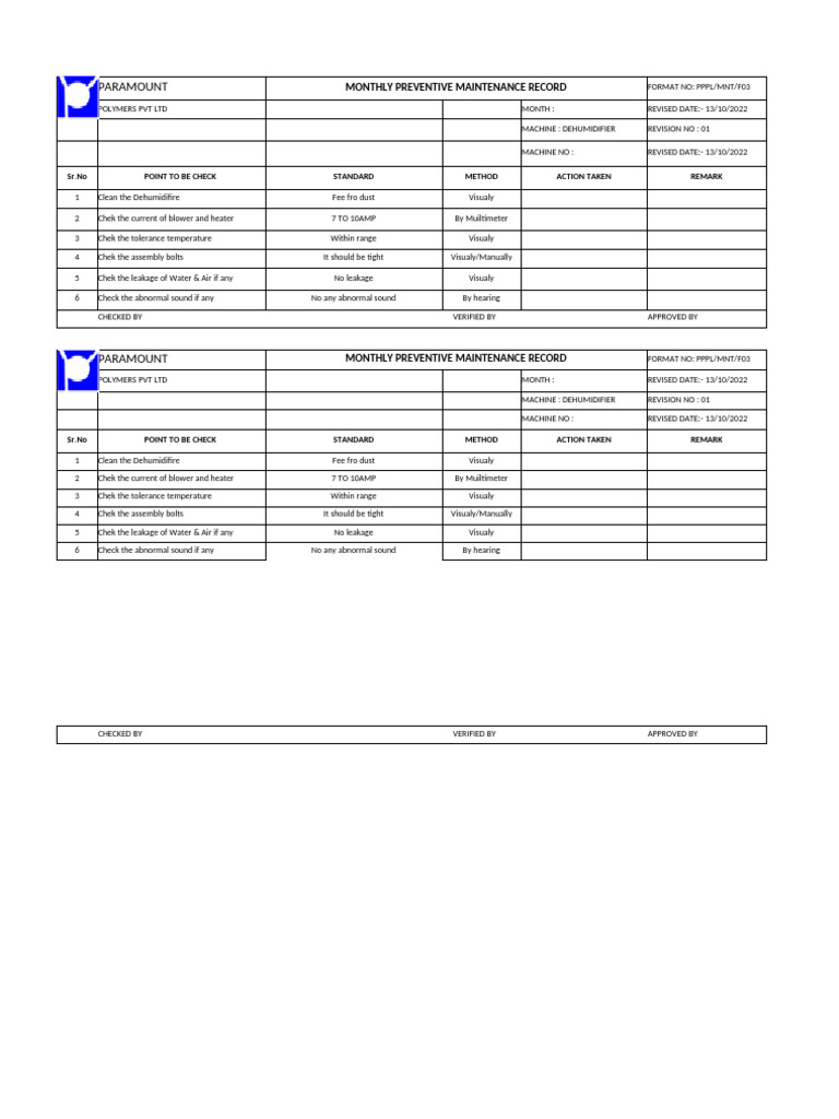 Dehumidifier PM Checksheet | PDF | Manufactured Goods | Building Automation