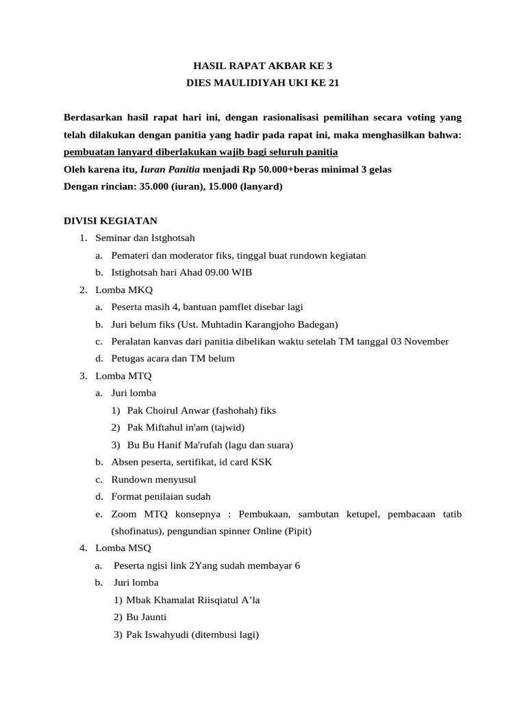 Hasil Rapat Akbar Ke 3 DM Uki Ke 21 | PDF