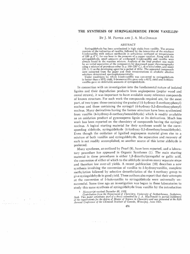 Pepper Macdonald 2011 The Synthesis of Syringaldehyde From Vanillin ...