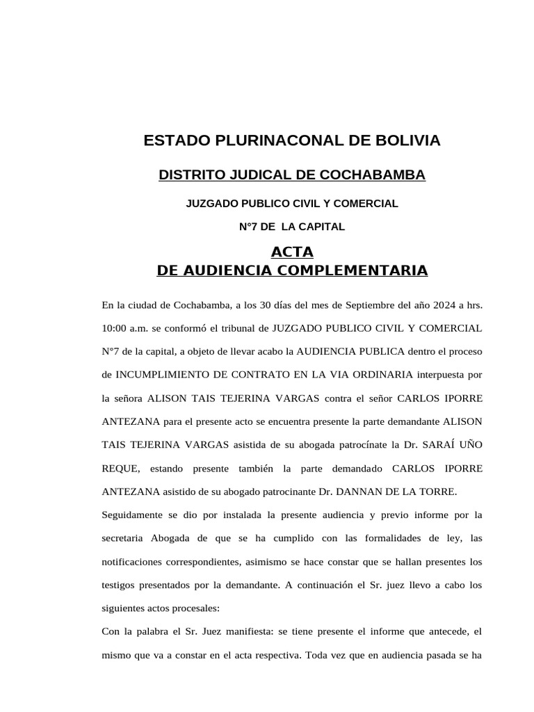 Or. Acta Audiencia Complementaria | PDF | Demanda judicial | Sentencia (ley)
