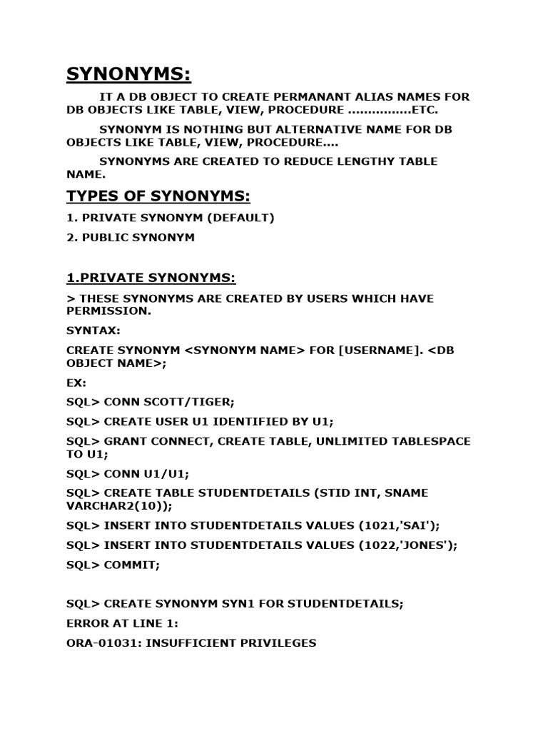SYNONYMS(ORACLE) | PDF | Data | Information Retrieval