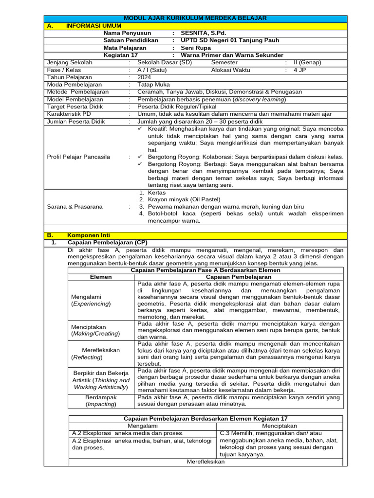 Modul Seni Rupa KLS 1 SMS 2 | PDF