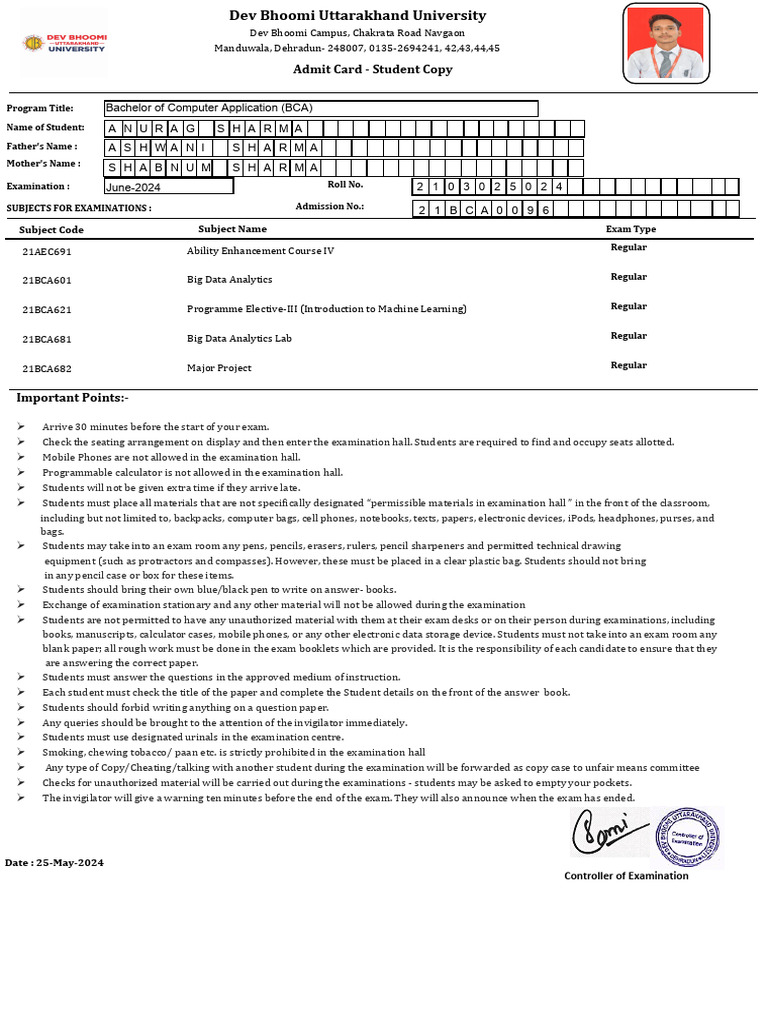 BCA Admit Card Instructions 2024 | PDF | Computing