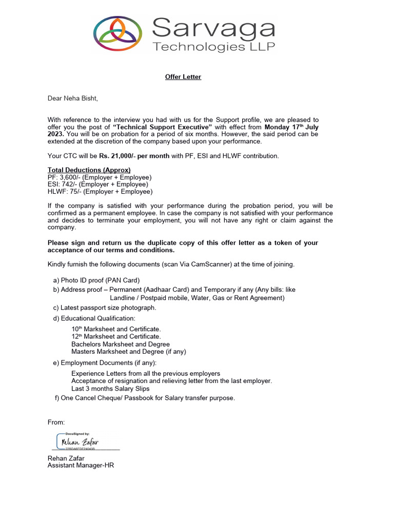 Offer Letter - Neha Bisht (Technical Support Executive) | PDF
