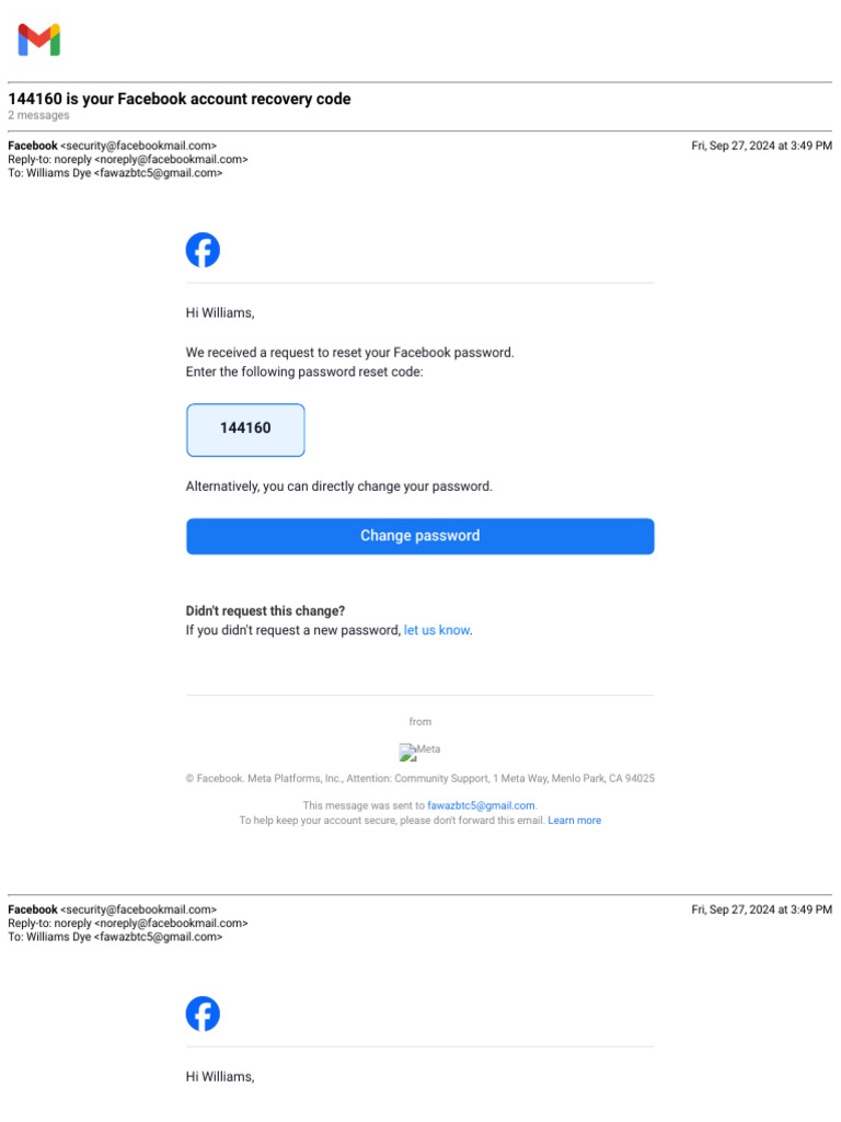 Gmail - 144160 Is Your Facebook Account Recovery Code | PDF