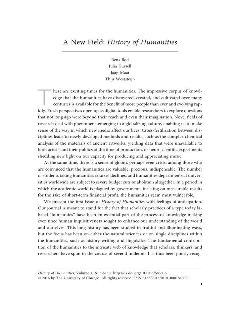 V1N1 What is History of Humanities Editorial Intro | PDF | Humanities | Science