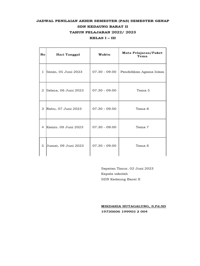 Jadwal Pas Kelas 1-3 | PDF