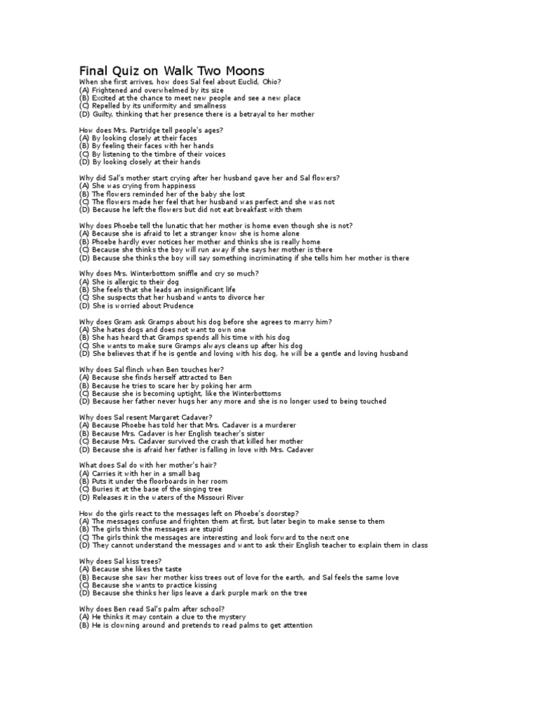 Final Quiz On Walk Two Moons | PDF