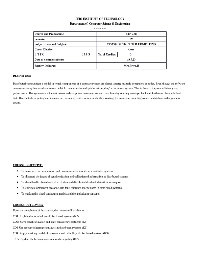 Distributed Computing - 3B - LESSON PLAN - 2023 - 2024 Odd Sem | PDF | Distributed Computing ...