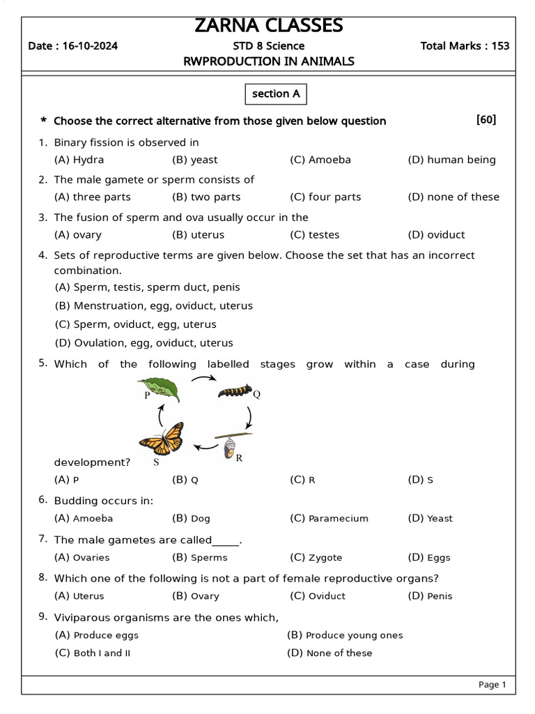 reproduction in animals worksheet | PDF | Sexual Reproduction ...