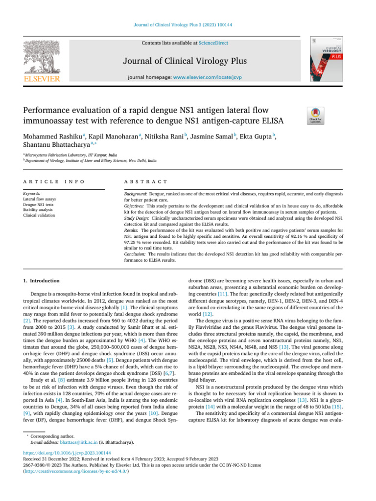 Performance Evaluation of A Rapid Dengue ns1 | PDF | Elisa | Virus
