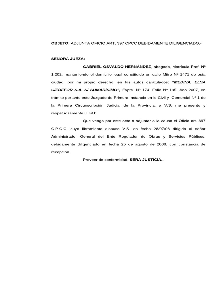 OBJETO - Presenta Oficio Art. 397 CPCC - Diligenciado - JUZGADO CIVIL | PDF