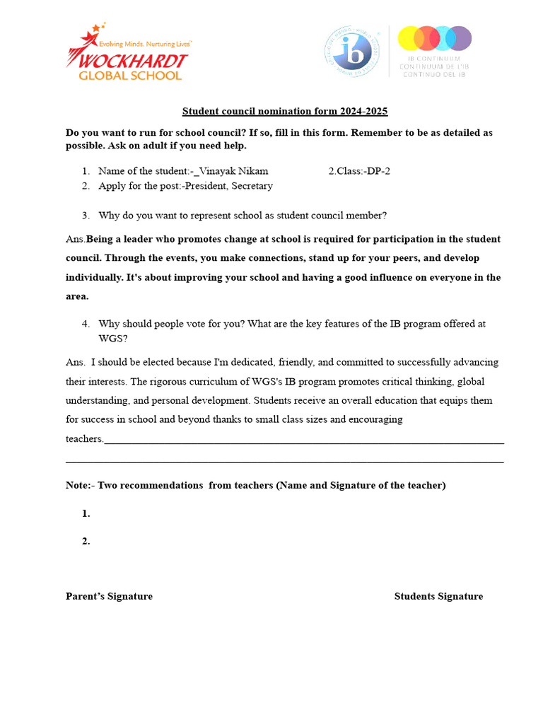 Student Council Nomination Form 2024-2025 | PDF | Career & Growth