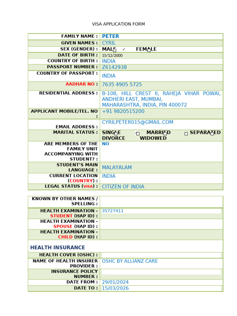 Student Visa Form - Cyril | PDF | Travel Visa | Fee