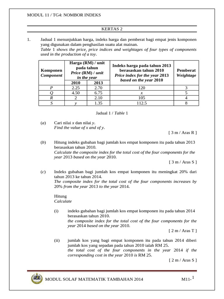 Komponen Harga (RM) / Unit Pada Tahun (RM) / Indeks Harga Pada Tahun 2013 Berasaskan Tahun 2010 ...