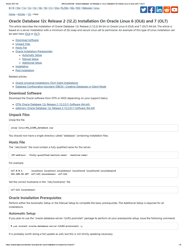 ORACLE-BASE - Oracle-Db-12cr2-Installation-On-Oracle-Linux-6-And-7 | PDF | Computing | Software