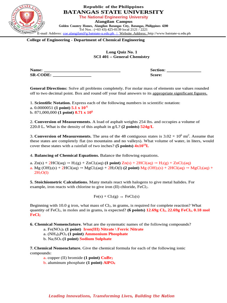 Long Quiz 1 - Gen Chem - Key | PDF | Chlorine | Chemical Reactions